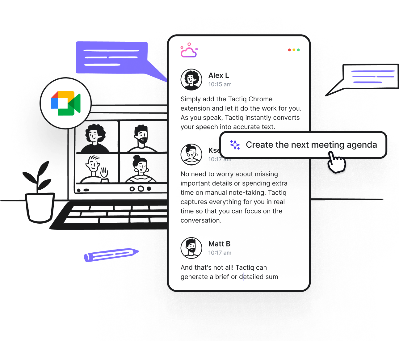 Asistente de reuniones con IA para Google Meet de Tactiq.io